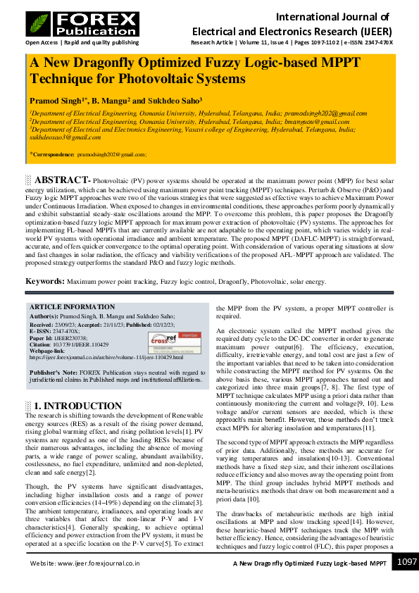 (PDF) A New Dragonfly Optimized Fuzzy Logic-based MPPT Technique for Photovoltaic Systems