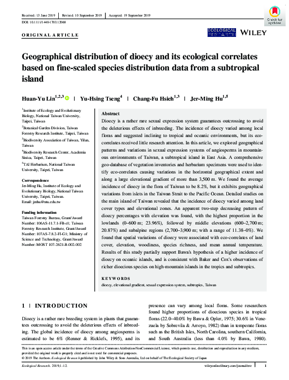 (PDF) Geographical distribution of dioecy and its ecological correlates ...
