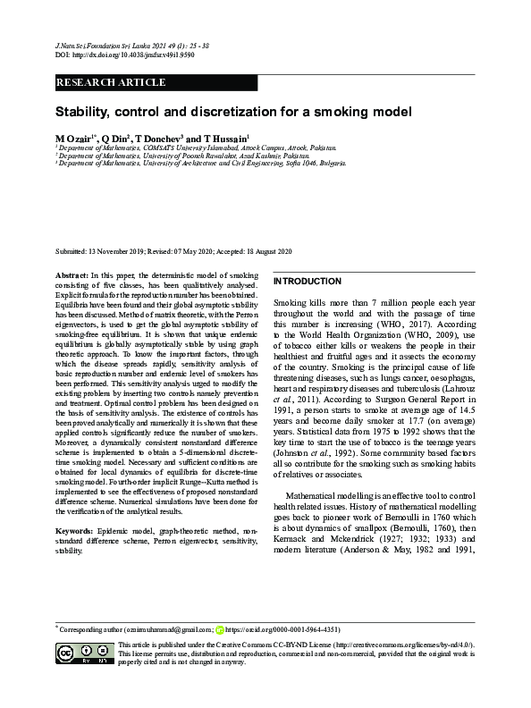 (PDF) Stability, control and discretization for a smoking model
