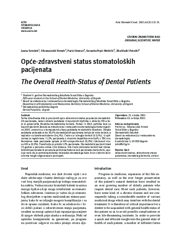(PDF) The overall health-status of dental patients | Goranka Prpić ...