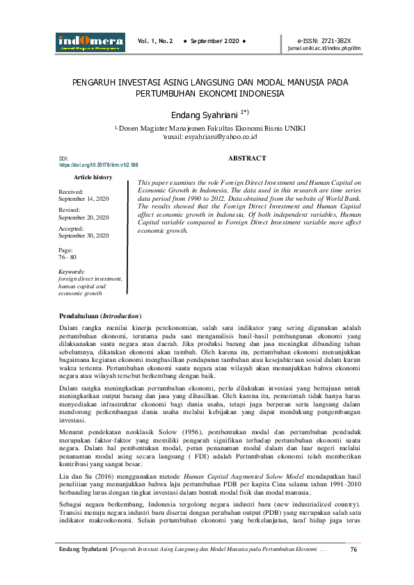 (PDF) Pengaruh Investasi Asing Langsung Dan Modal Manusia Pada ...