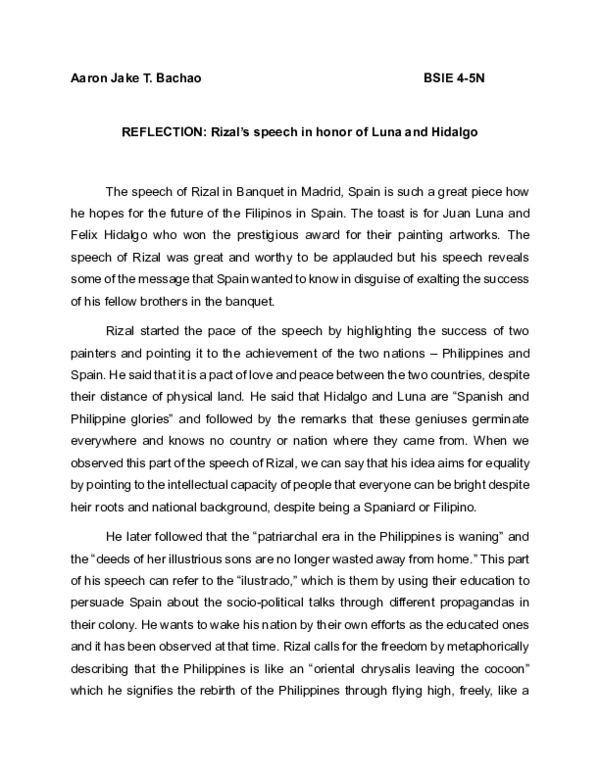(PDF) REFLECTION: Rizal's speech in honor of Luna and Hidalgo