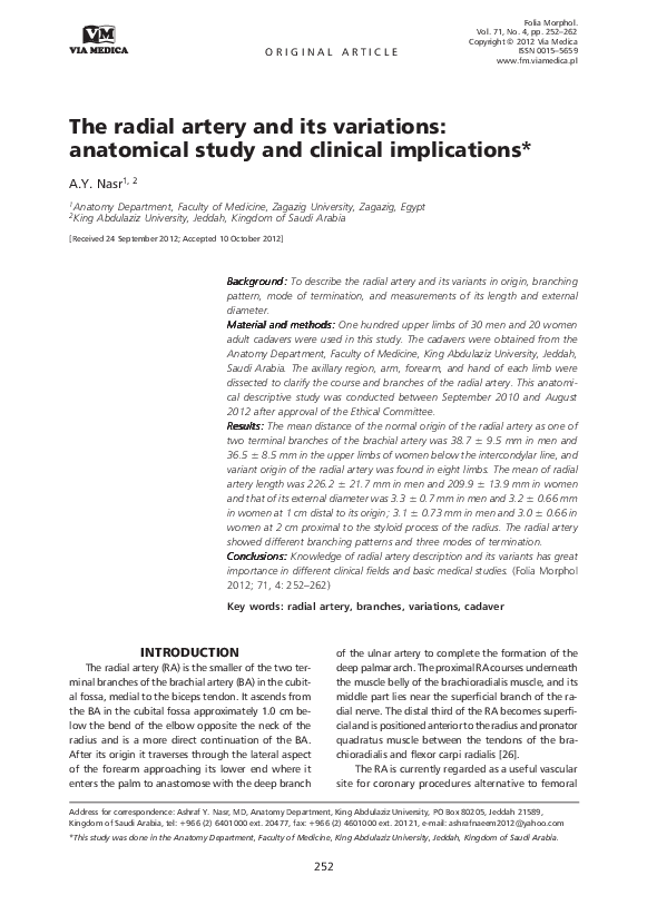 (PDF) The radial artery and its variations: anatomical study and ...