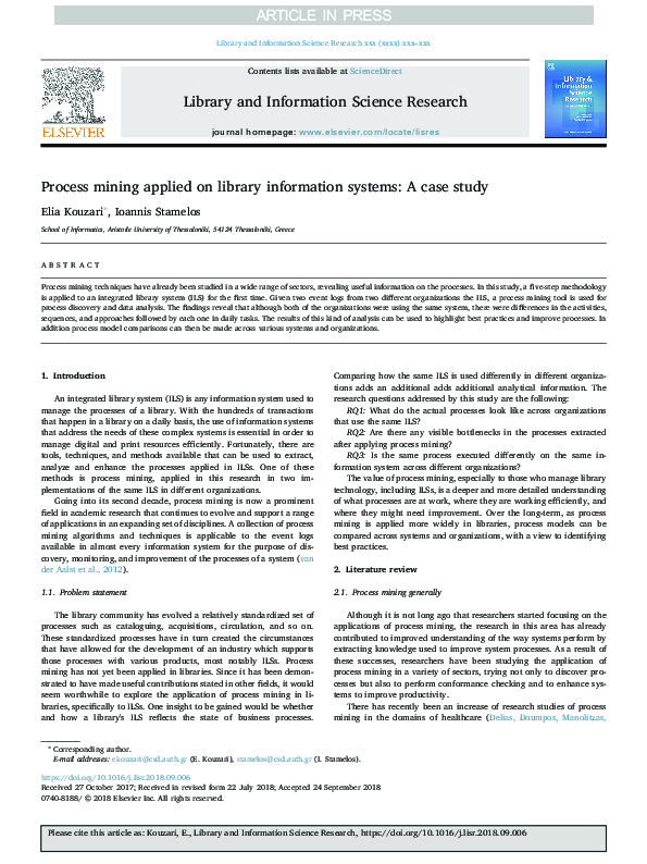(PDF) Process mining applied on library information systems: A case study