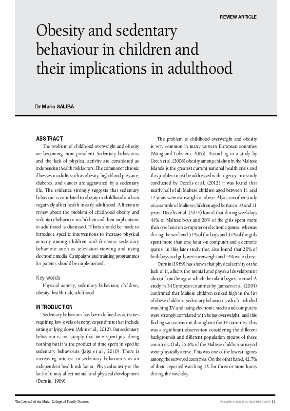 (PDF) Obesity and sedentary behaviour in children and their ...
