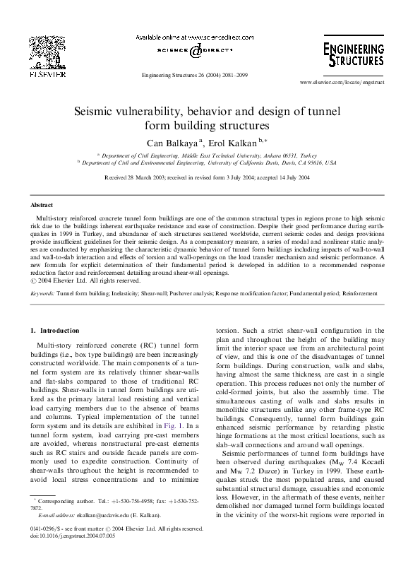 (PDF) Seismic vulnerability, behavior and design of tunnel form building structures