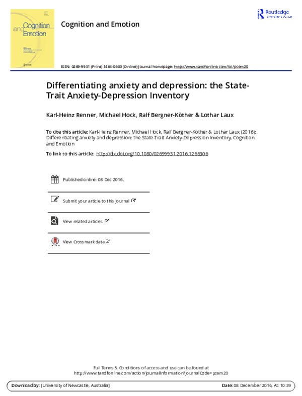 (PDF) Differentiating anxiety and depression: the State-Trait Anxiety ...