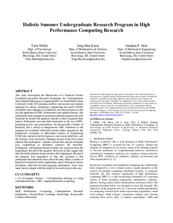 (PDF) Holistic Summer Undergraduate Research Program in High Performance Computing Research