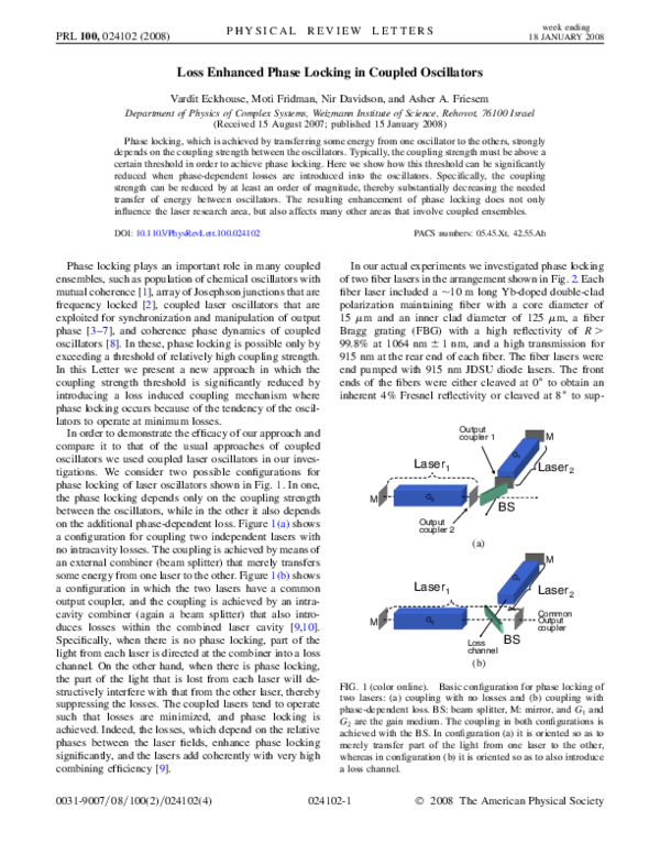 (PDF) Loss Enhanced Phase Locking in Coupled Oscillators