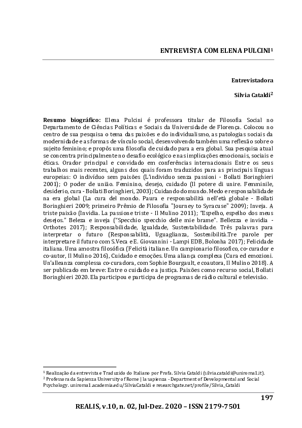 (PDF) Entrevista com Elena Pulcini | Silvia Cataldi - Academia.edu