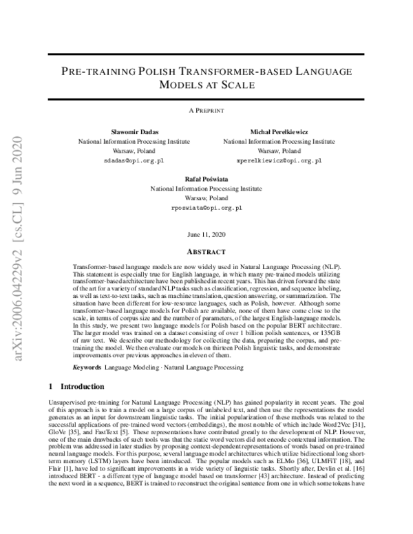 (PDF) Pre-training Polish Transformer-Based Language Models at Scale ...