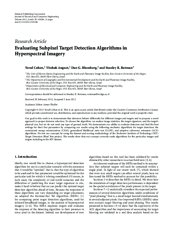 (PDF) Evaluating subpixel target detection algorithms in hyperspectral imagery