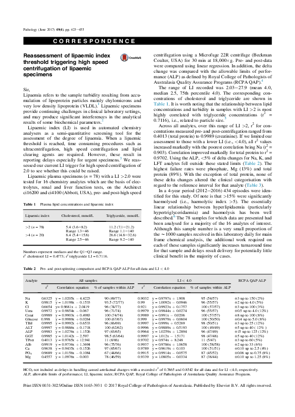 (PDF) Reassessment of lipaemic index threshold triggering high speed ...