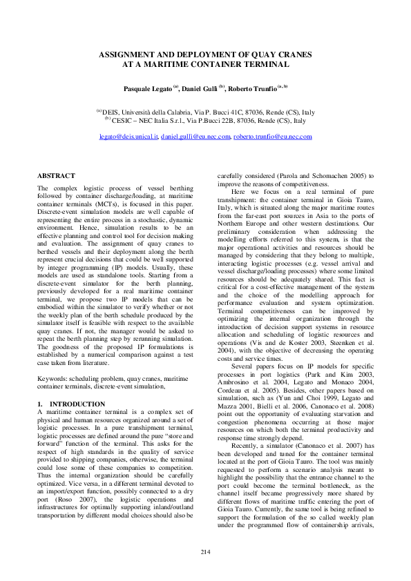 (PDF) Assignment and deployment of quay cranes at a maritime container terminal