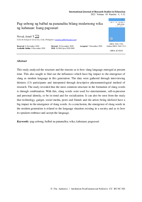 (PDF) Pag-usbong ng balbal na pananalita bilang modernong wika ng kabataan: Isang pagsusuri