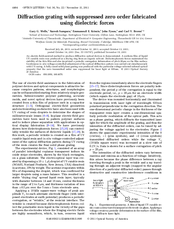(PDF) Diffraction grating with suppressed zero order fabricated using dielectric forces | John ...