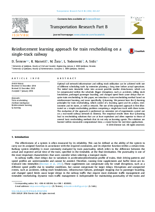 (PDF) Reinforcement learning approach for train rescheduling on a single-track railway