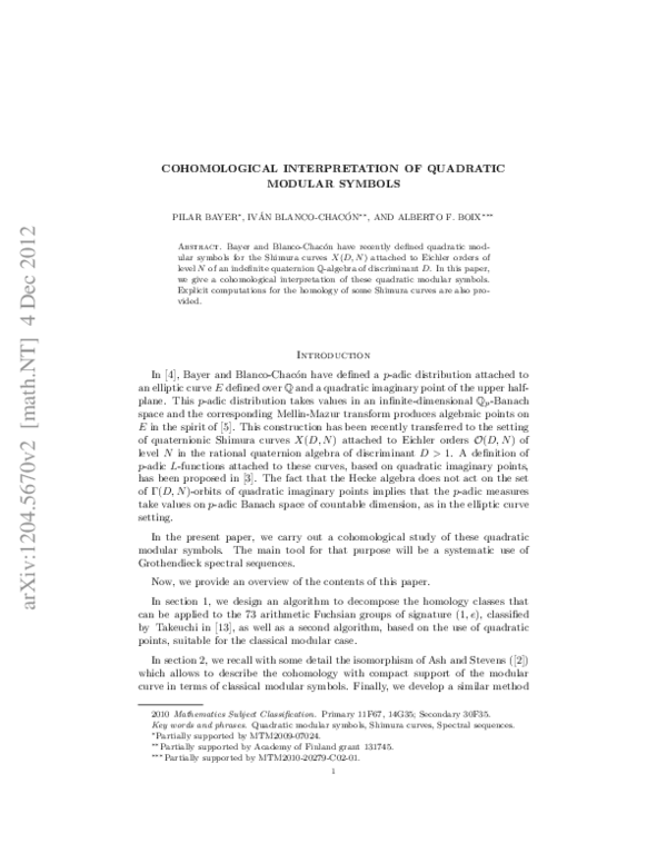(PDF) Cohomological interpretation of quadratic modular symbols
