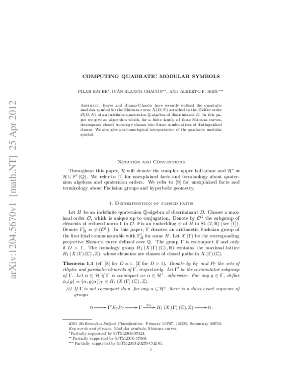 (PDF) Computing quadratic modular symbols | Pilar Bayer - Academia.edu