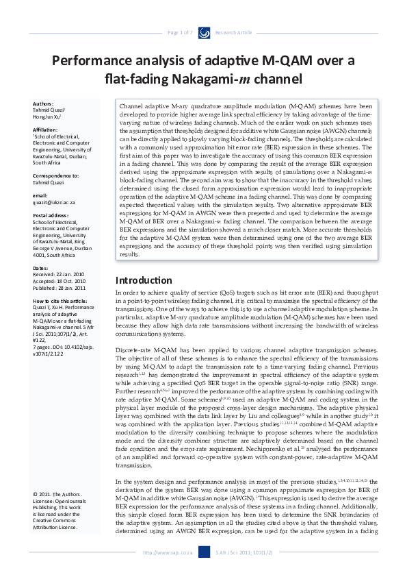 (PDF) Performance analysis of adaptive M-QAM over a flat-fading ...