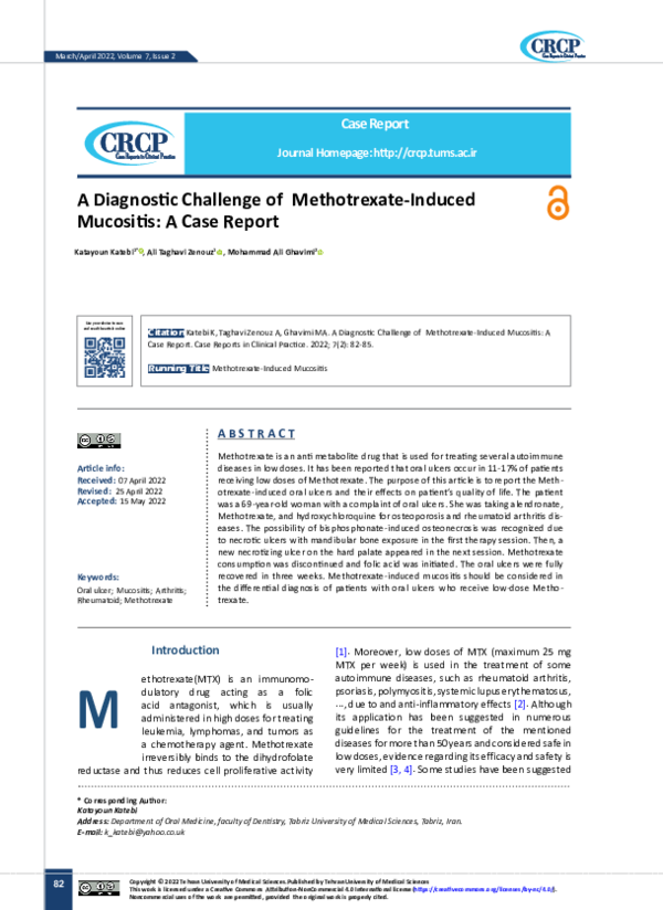 (PDF) A Diagnostic Challenge of Methotrexate-Induced Mucositis: A Case Report | Katayoun Katebi ...