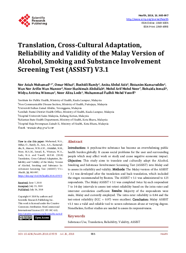 (PDF) Translation, Cross-Cultural Adaptation, Reliability and Validity of the Malay Version of ...
