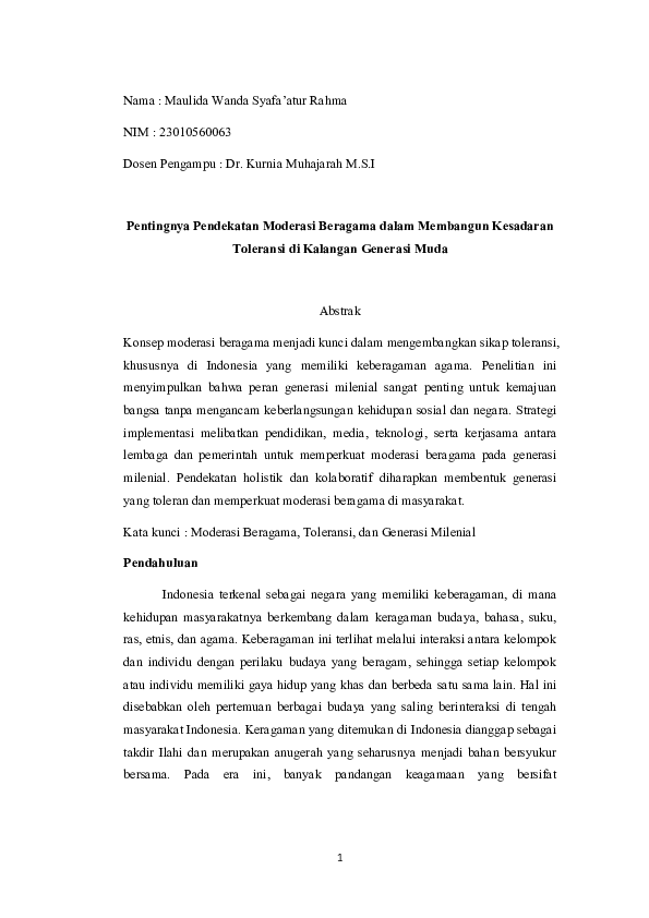 (PDF) Pentingnya Pendekatan Moderasi Beragama dalam Membangun Kesadaran Toleransi di Kalangan ...