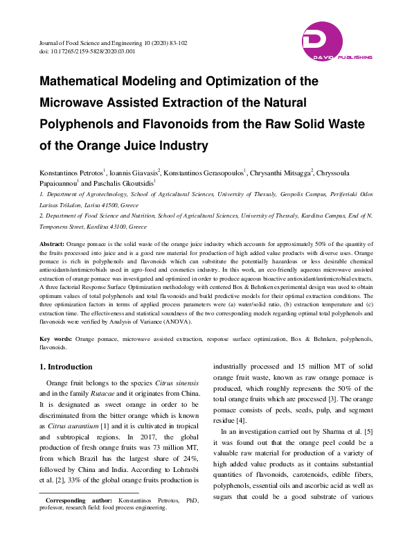 (PDF) Mathematical Modeling and Optimization of the Microwave Assisted Extraction of the Natural ...
