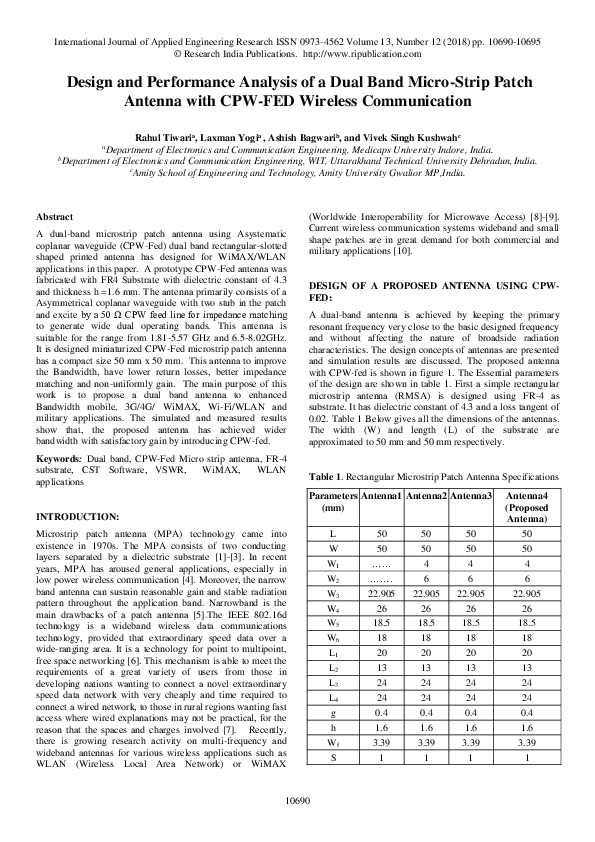 (PDF) Dual Band CPW-Fed Microstrip Patch Antenna for Wireless Apps