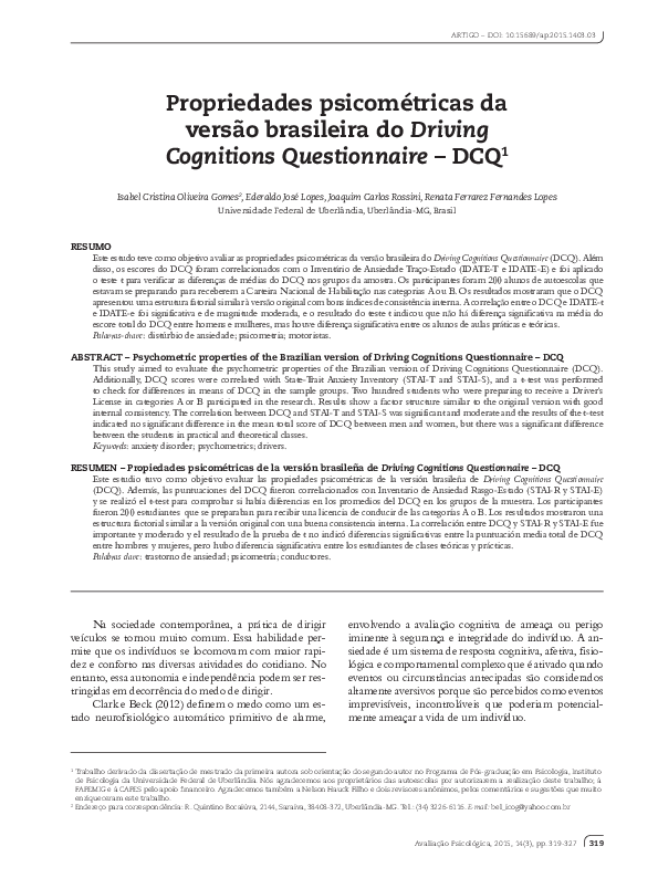 Psychometric properties of the Brazilian version of Driving Cognitions Questionnaire – DCQ