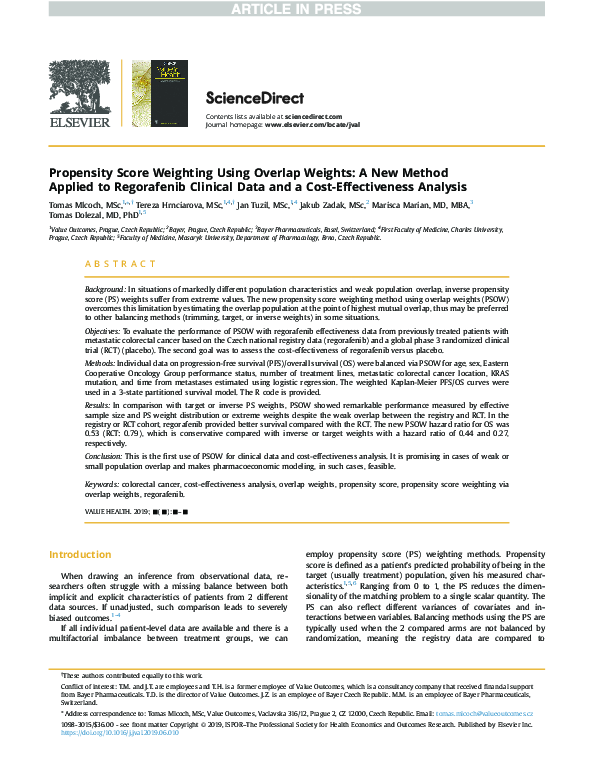 (PDF) Propensity Score Weighting Using Overlap Weights: A New Method Applied to Regorafenib ...