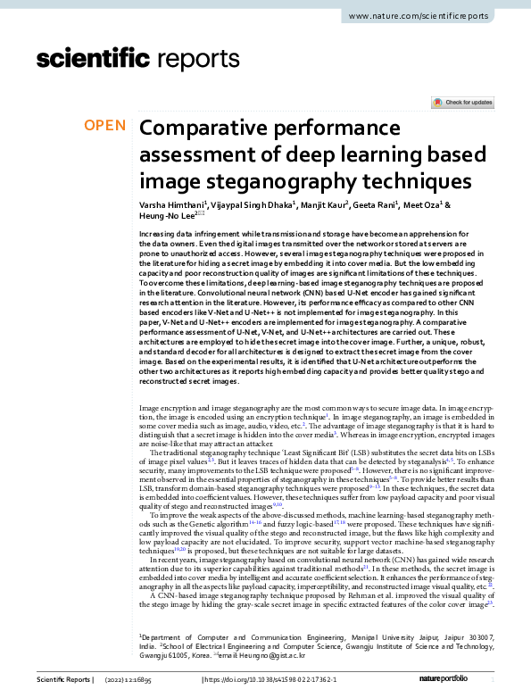 (PDF) Comparative performance assessment of deep learning based image steganography techniques