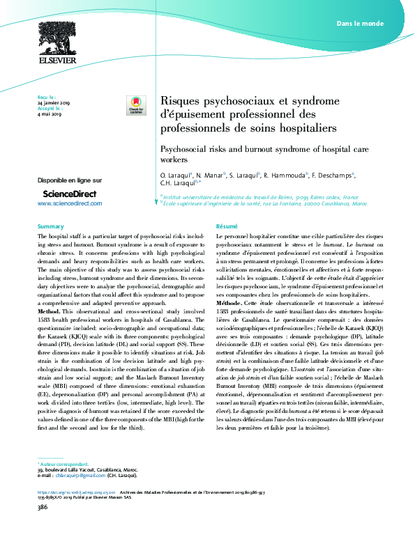 (PDF) Risques psychosociaux et syndrome d’épuisement professionnel des ...