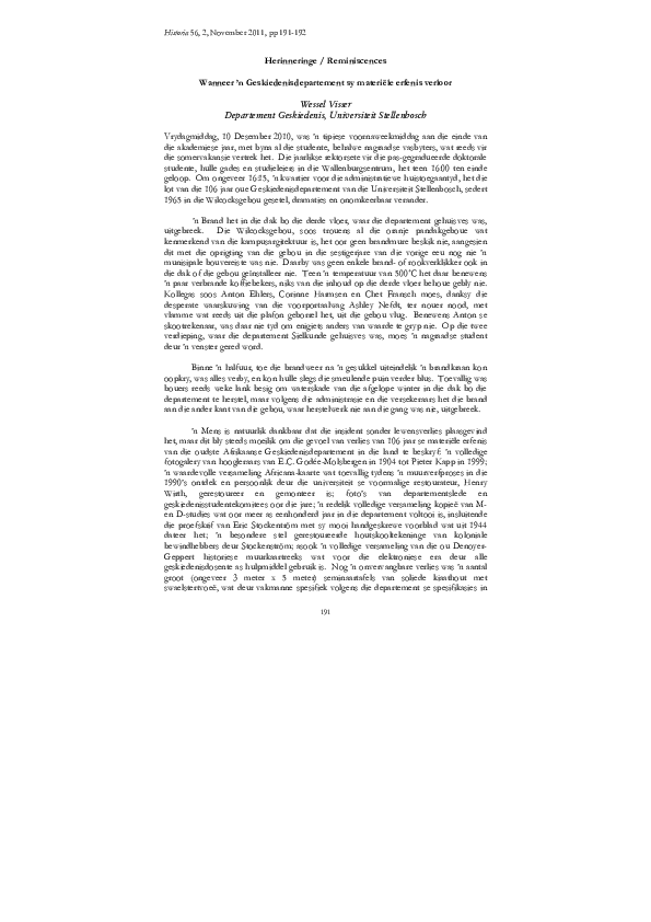 (PDF) Wanneer 'n Geskiedenisdepartement sy materiële erfenis verloor : herinneringe / reminiscence