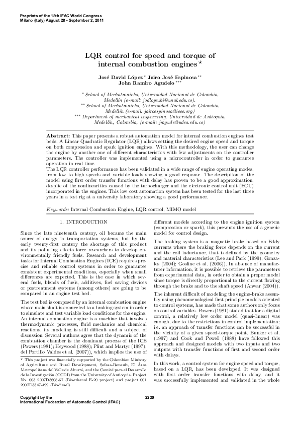 (PDF) LQR control for speed and torque of internal combustion engines