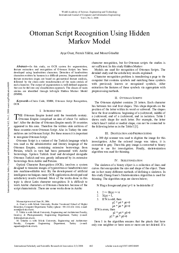(PDF) Ottoman Script Recognition Using Hidden Markov Model