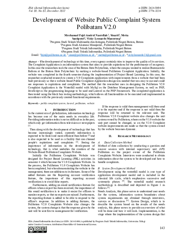 (PDF) Development of Website Public Complaint System Polibatam V2.0