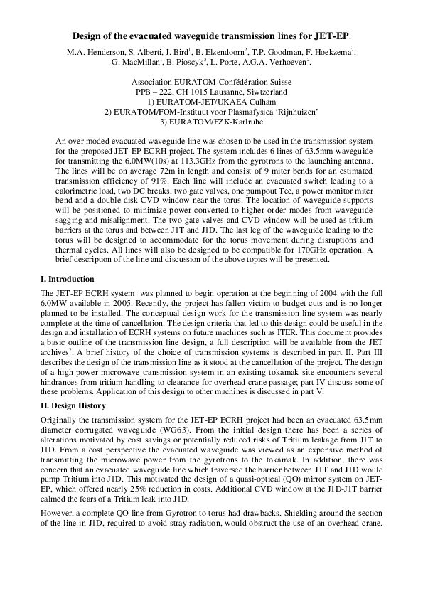 (PDF) Design of the evacuated waveguide transmission lines for JET-EP