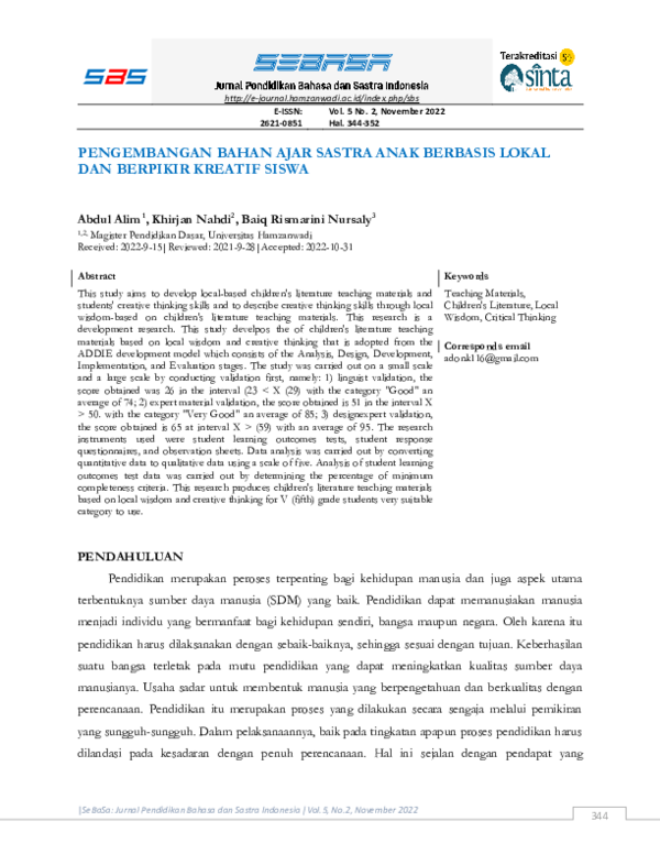(PDF) Pengembangan Bahan Ajar Sastra Anak Berbasis Lokal Dan Berpikir Kreatif Siswa