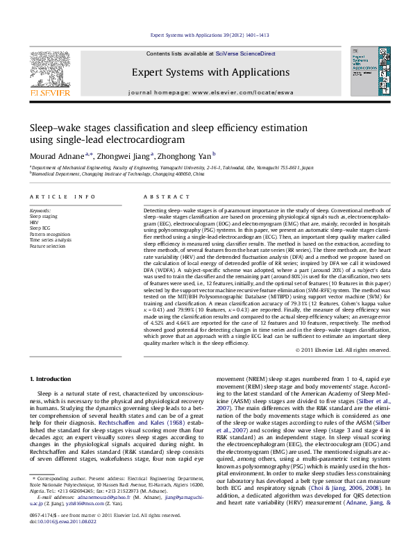 (PDF) Sleep–wake stages classification and sleep efficiency estimation using single-lead ...