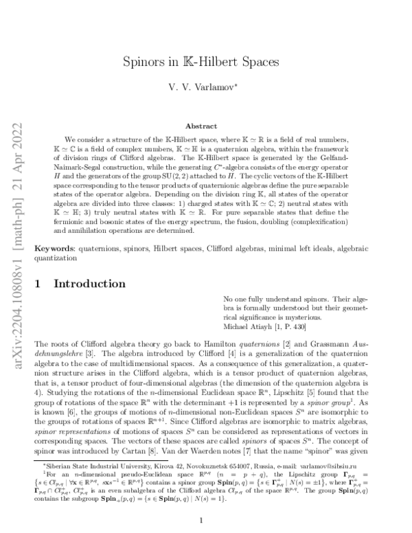 (PDF) Spinors in K-Hilbert Spaces