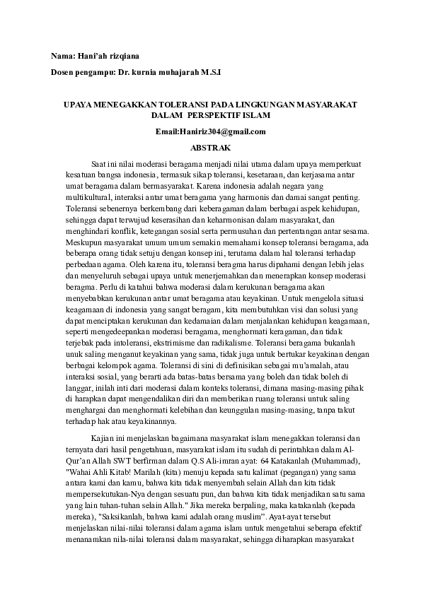 (DOC) UPAYA MENEGAKKAN TOLERANSI PADA LINGKUNGAN MASYARAKAT DALAM PERSPEKTIF ISLAM