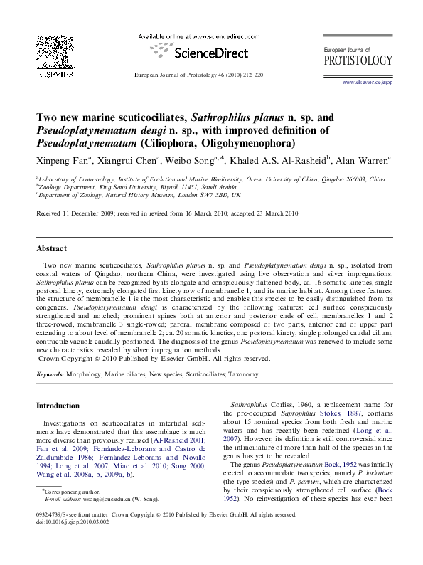 (PDF) Two new marine scuticociliates, Sathrophilus planus n. sp. and ...