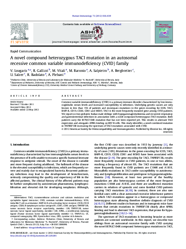 (PDF) A novel compound heterozygous TACI mutation in an autosomal ...