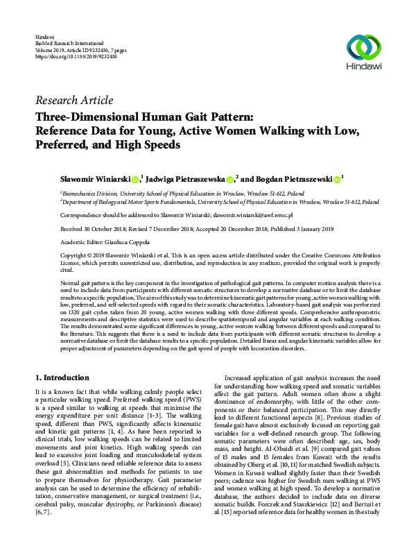 (PDF) Three-Dimensional Human Gait Pattern: Reference Data for Young ...