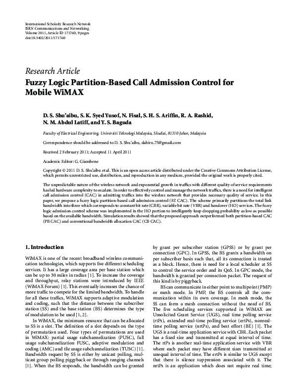 (PDF) Fuzzy Logic Partition-Based Call Admission Control for Mobile WiMAX