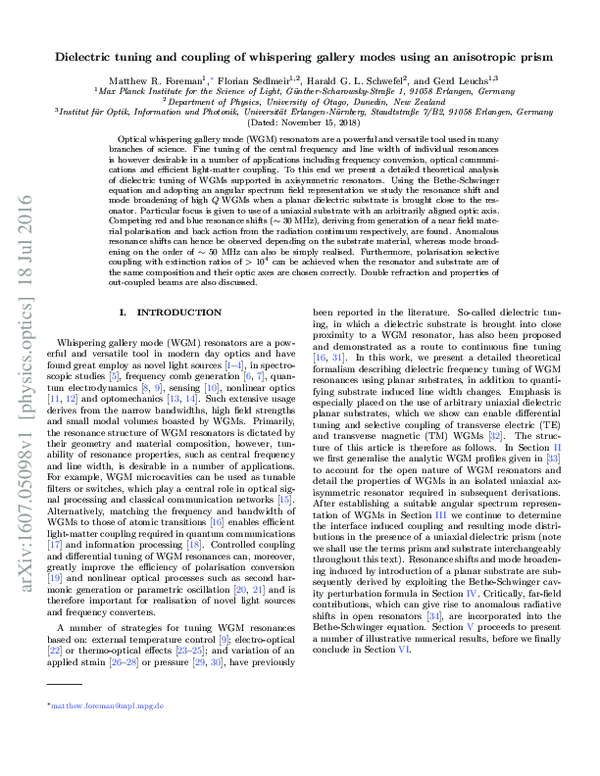 (PDF) Dielectric tuning and coupling of whispering gallery modes using an anisotropic prism