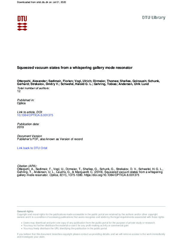 Pdf Squeezed Vacuum States From A Whispering Gallery Mode Resonator Gerd Leuchs 