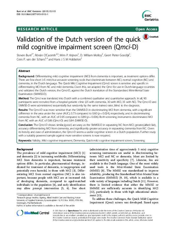 (PDF) Validation of the Dutch version of the quick mild cognitive impairment screen (Qmci-D)