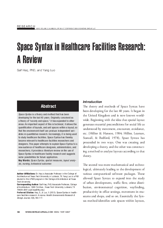 (PDF) Space Syntax in Healthcare Facilities Research: A Review